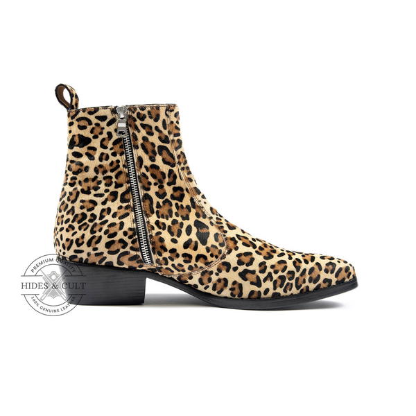 Leopard Hair-On Genuine Leather Chelsea Boots Cuban Heel Men | Hidesan ...